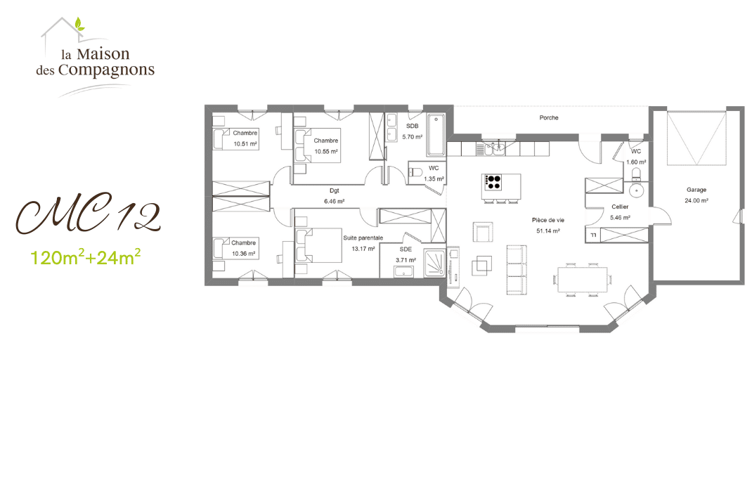 Maison de plain-pied et son bow window : Modèle MC12